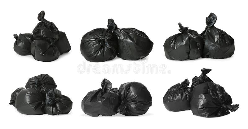 Set with Many Black Trash Bags Full of Garbage on White Background ...