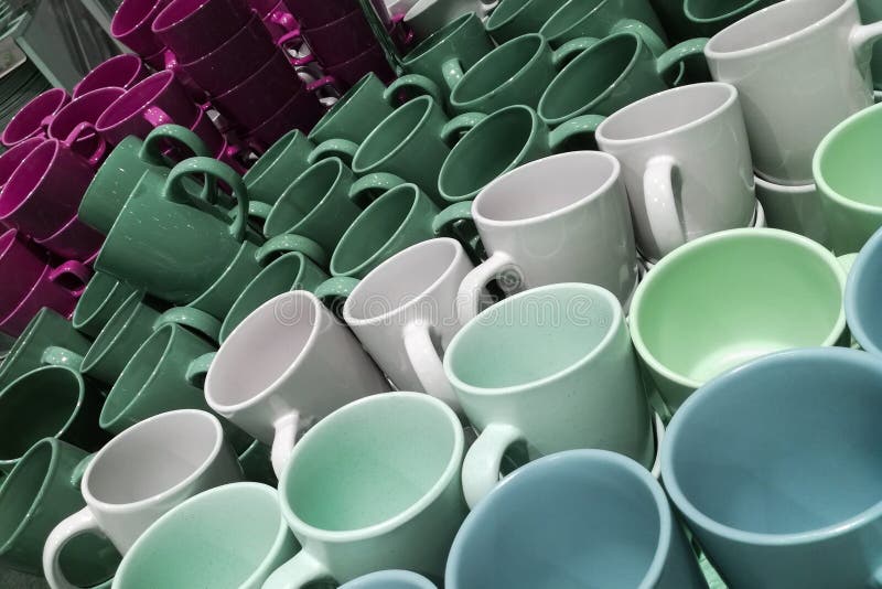 Set of Many Empty Cups Different Colors Abstract Background Stock Photo ...