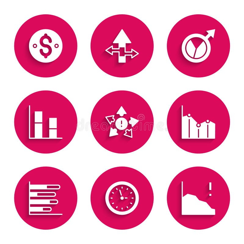 Set Many Ways Directional Arrow, Clock, Financial Growth Decrease, Pie Chart Infographic, Graph ...