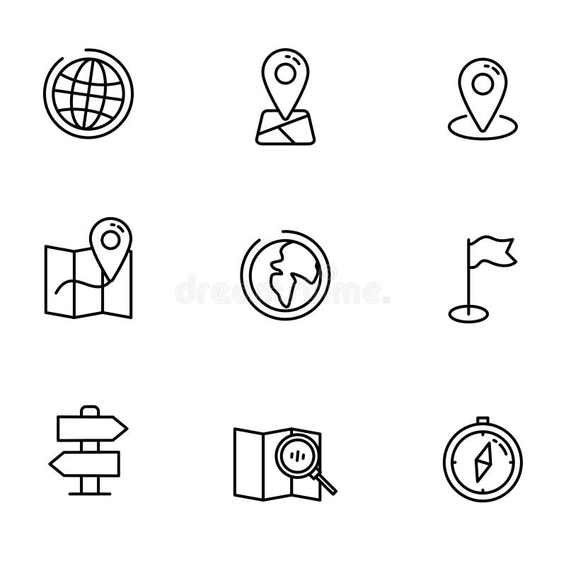 Set of Location and Navigation Icons in Rounded Rectangle Shape Stock ...