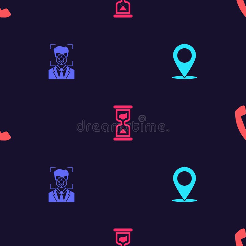 Set Map Pin, Face Recognition, Old Hourglass and Telephone Handset on ...