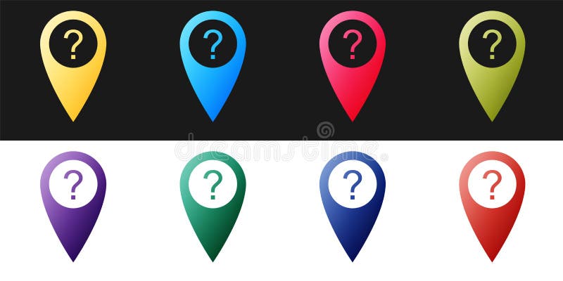 Set Map Pointer with Question Symbol Icon Isolated on Black and White ...