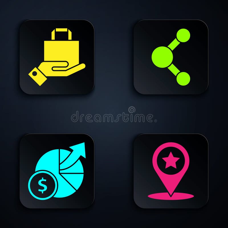 Set Map Pointer with Star, Hand and Paper Shopping Bag, Money and ...