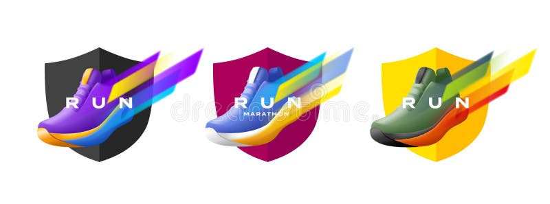 Set of Marathon Emblem Badges with Sneaker in Dynamic Running Movement ...