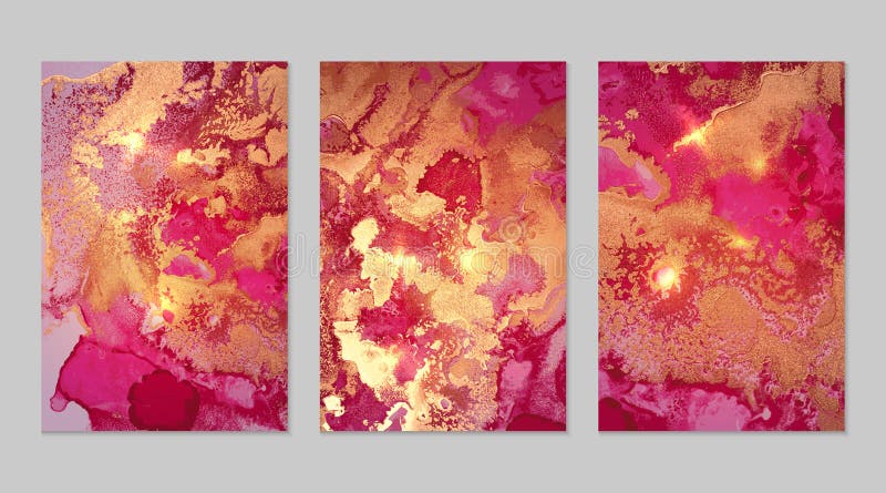 Set of Marble Patterns. Magenta and Gold Geode Textures with Glitter ...