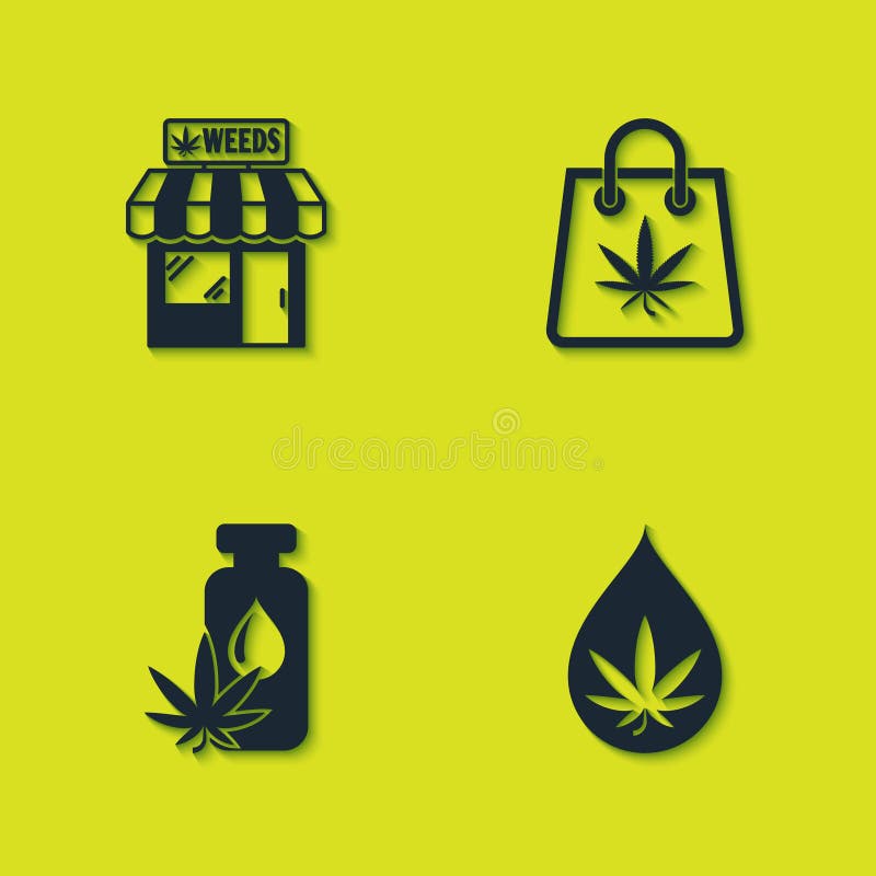 Set Marijuana and Cannabis Store, Leaf Oil, and Shopping Bag of ...