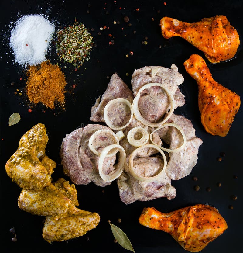 The Set of Marinated Chicken End Pork Meat Stock Photo - Image of ...