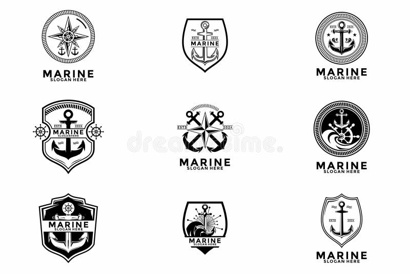 Set of Marine Logo with Anchor, Shield, Steering Wheel, Rope, Compass ...