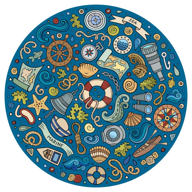 Set of Marine, Nautical Cartoon Objects Stock Vector - Illustration of ...