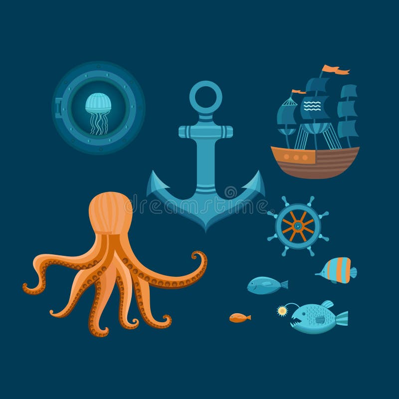 Set of marine objects stock vector. Illustration of rope - 69315935