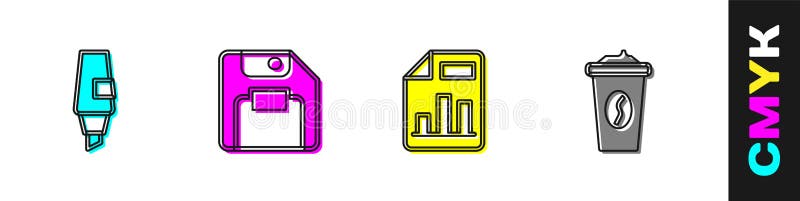 Set Marker Pen, Floppy Disk, Document with Graph Chart and Coffee Cup ... Set Marker Pen, Floppy Disk, Document with Graph Chart and Coffee Cup ...