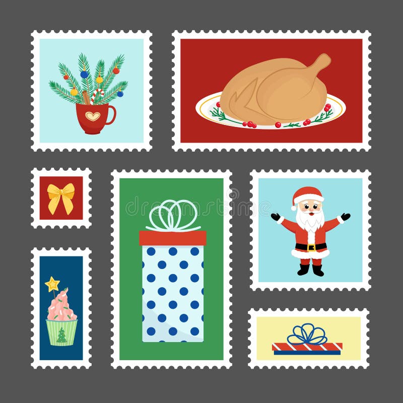 Set Marks. Christmas Stamps. Flat, Cartoon, Vector Stock Vector ...