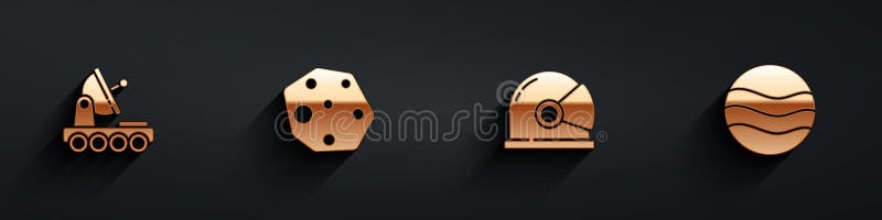 Set Mars Rover, Asteroid, Astronaut Helmet and Planet Icon with Long ...