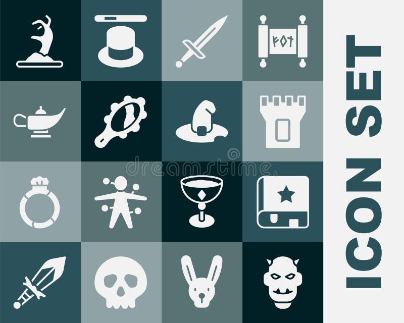 Set Mask of the Devil with Horns, Ancient Magic Book, Castle Tower ...