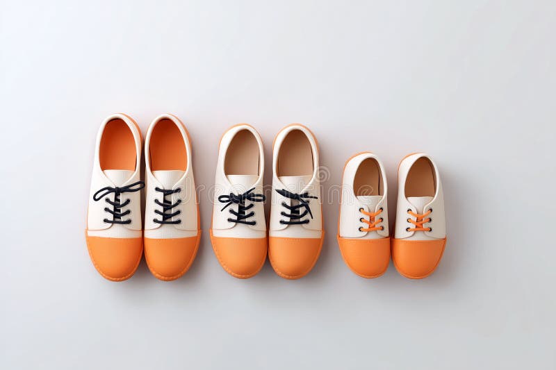 Set of Matching Orange and White Shoes in Different Sizes Arranged in a ...