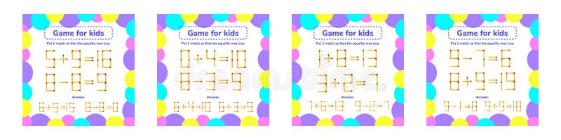 Set Math Game for Kids. Put Matchstick so that the Equality Was True ...