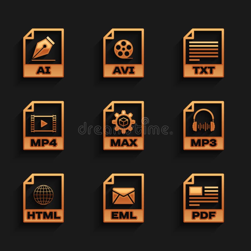 Set MAX File Document, EML, PDF, MP3, HTML and MP4 Icon. Vector Stock ... Set MAX File Document, EML, PDF, MP3, HTML and MP4 Icon. Vector Stock ...