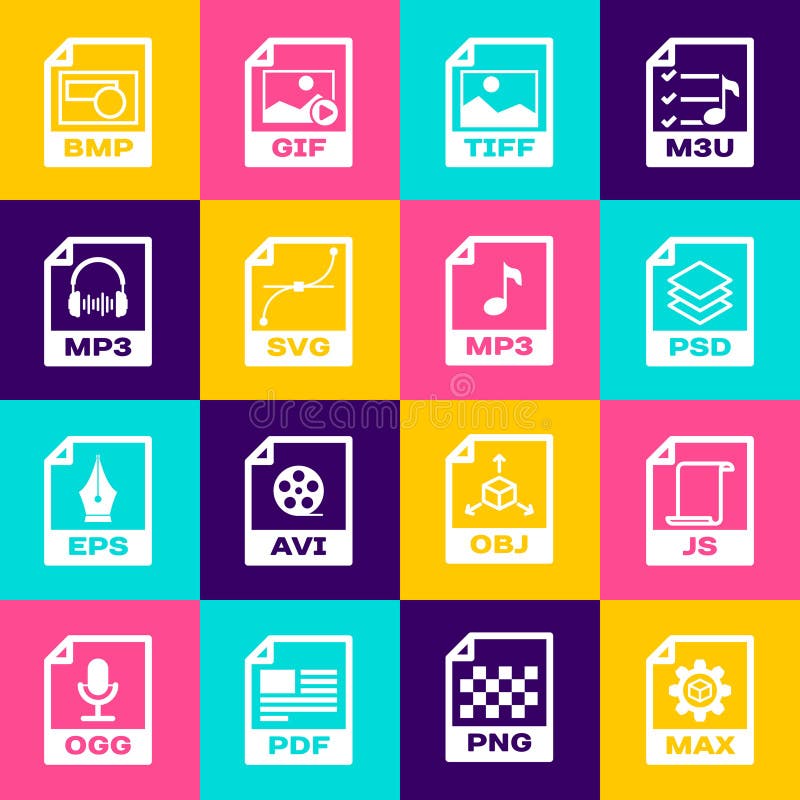 Set MAX File Document, JS, PSD, TIFF, SVG and MP3 Icon. Vector Stock ... Set MAX File Document, JS, PSD, TIFF, SVG and MP3 Icon. Vector Stock ...