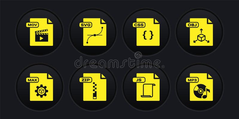 Set MAX File Document, OBJ, ZIP, JS, CSS, SVG, MP3 and MOV Icon. Vector ... Set MAX File Document, OBJ, ZIP, JS, CSS, SVG, MP3 and MOV Icon. Vector ...