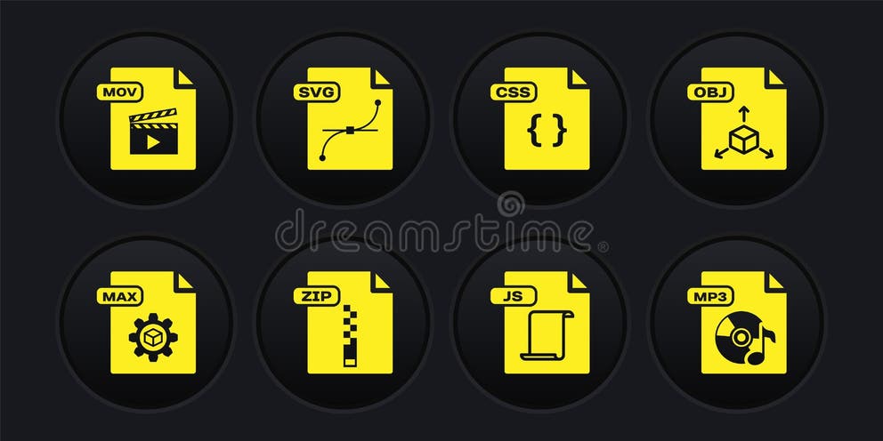 Set MAX File Document, OBJ, ZIP, JS, CSS, SVG, MP3 and MOV Icon. Vector Stock Vector ...