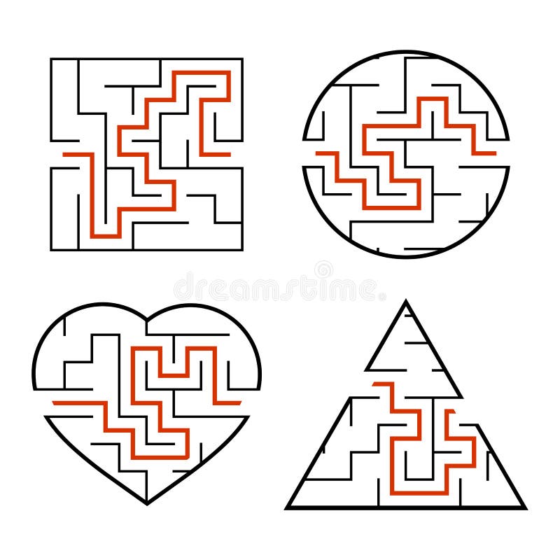 A Set of Mazes. Circle, Square, Triangle, Heart. Game for Kids. Puzzle ...