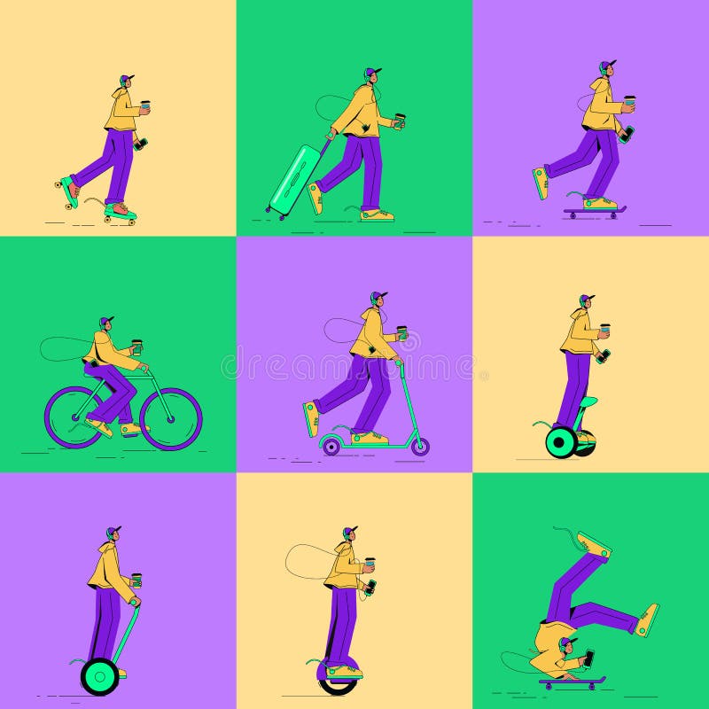 Set Means of Individual Mobility, Man on Hoverboard, Rollers, Roller ...