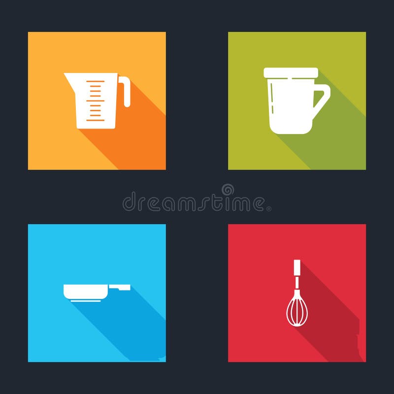Set Measuring Cup, Coffee, Frying Pan and Kitchen Whisk Icon. Vector ...