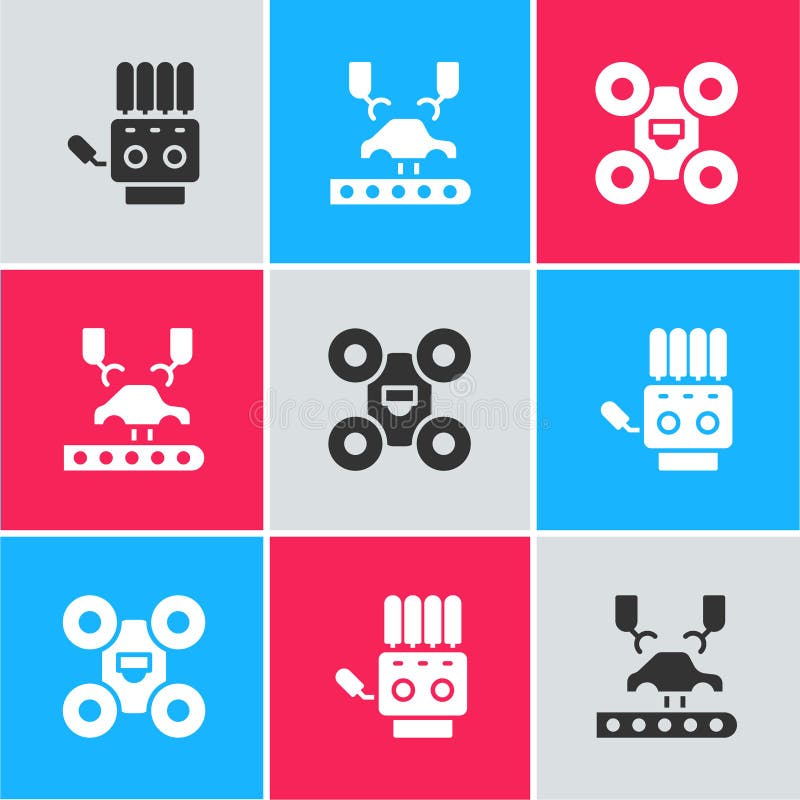 Set Mechanical Robot Hand, Robotic Arm on Factory and Drone Icon ...