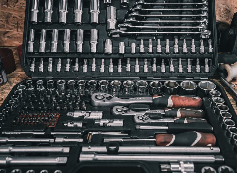 A Set of Mechanics Tools on the Table at Car Service Stock Image ...