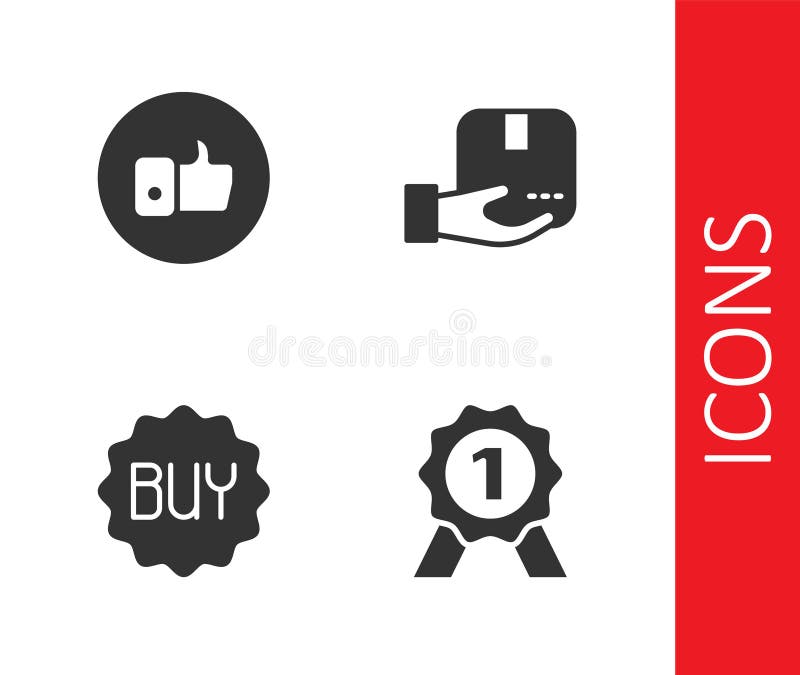 Set Medal, Hand Like, Buy Button and Delivery Hand with Box Icon ...
