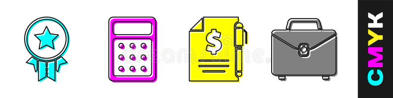 Set Medal with Star, Calculator, Contract Money and Pen and Briefcase ...