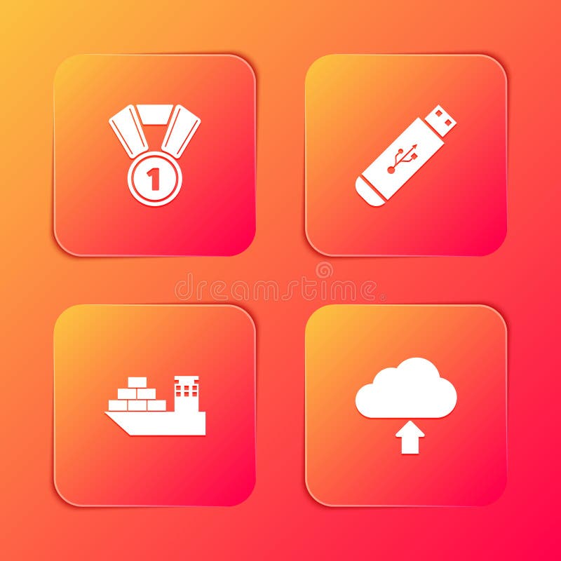 Set Medal, USB Flash Drive, Cargo Ship and Cloud Upload Icon. Vector ...