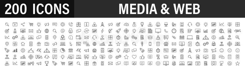 Set of 200 Media and Web Icons in Line Style. Data Analytics, Digital ...