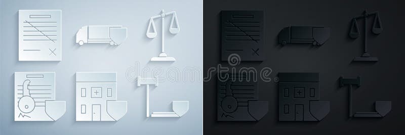Set Medical Hospital Building with Shield, Scales of Justice, Document ... Set Medical Hospital Building with Shield, Scales of Justice, Document ...