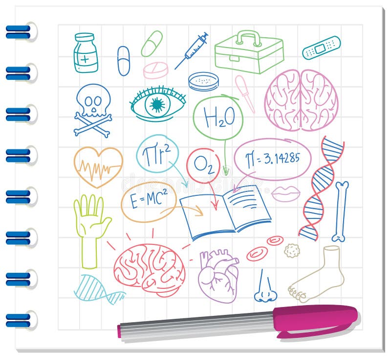 Set of Medical Science Element Doodle on Notebook Stock Vector ...