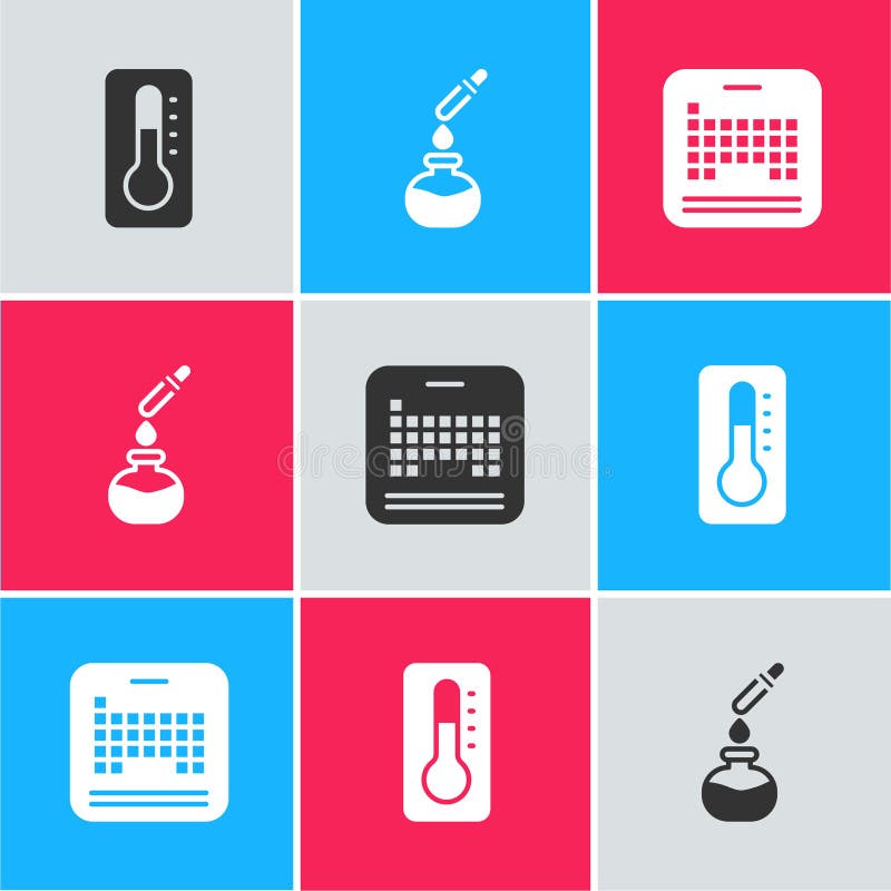 Set Medical Thermometer, Test Tube and Flask and Periodic Table Icon ...