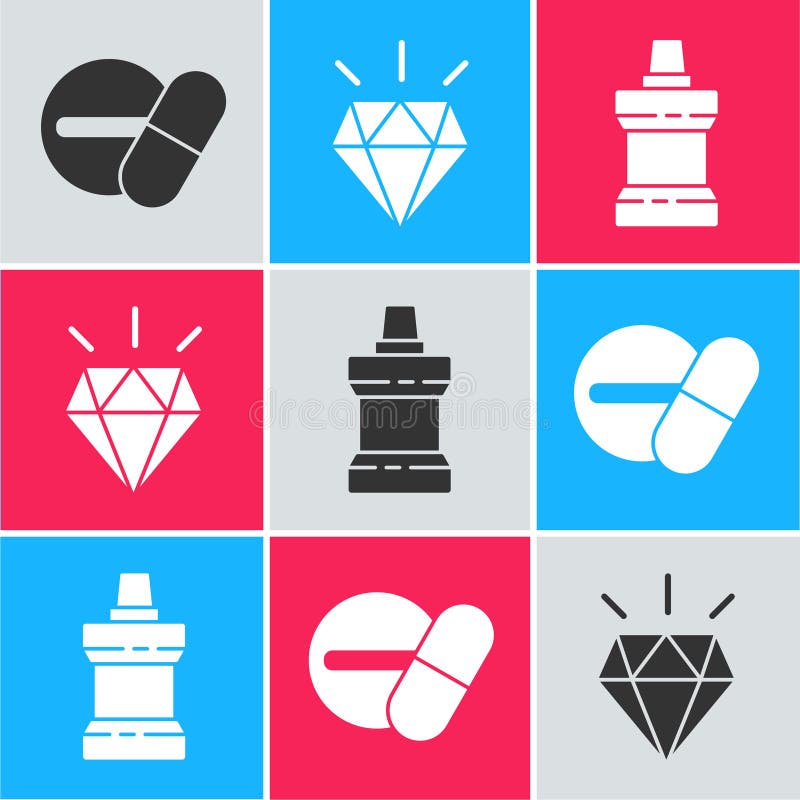 Set Medicine Pill or Tablet, Diamond Teeth and Mouthwash Plastic Bottle ...