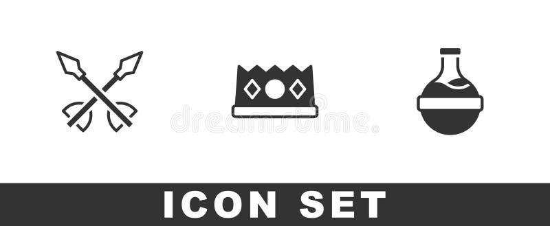 Set Medieval Arrows, King Crown and Bottle with Potion Icon. Vector ...