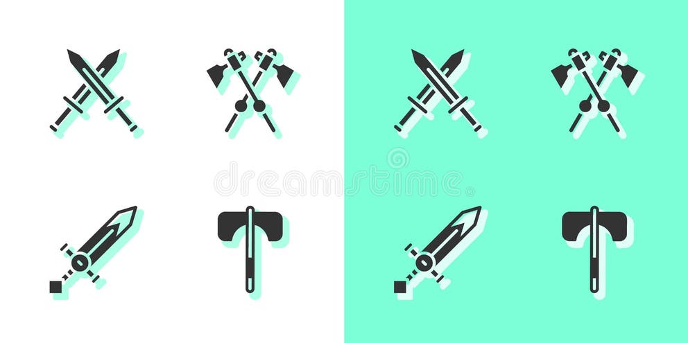 Set Medieval Axe, Crossed Medieval Sword, and Axes Icon. Vector Stock ...