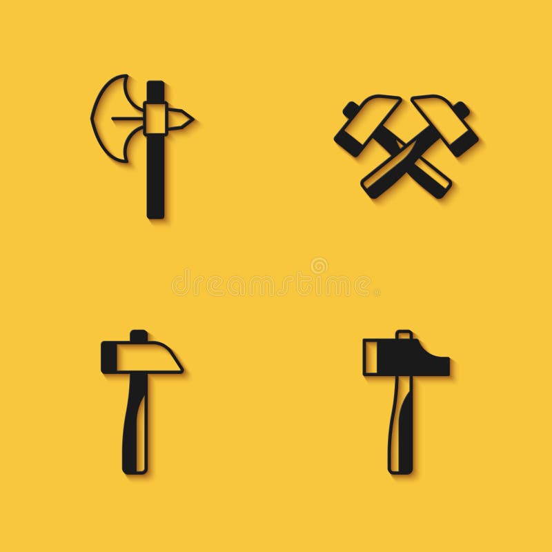 Set Medieval Axe, Hammer, and Crossed Hammer Icon with Long Shadow ...