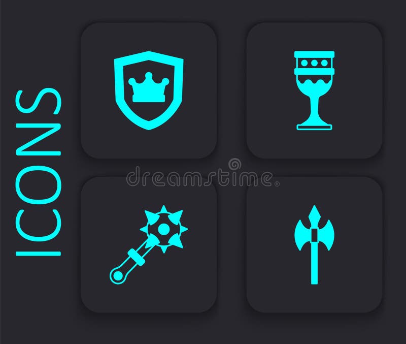 Set Medieval Axe, Shield with Crown, Goblet and Mace Spikes Icon. Black ...