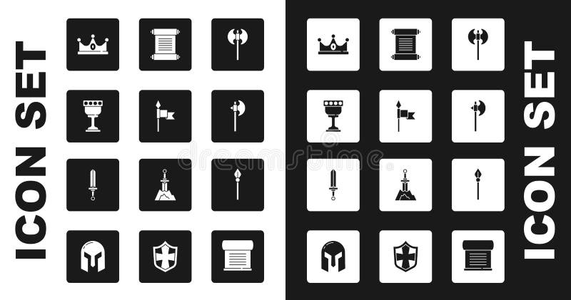 Set Medieval Axe, Spear, Goblet, King Crown, Decree, Parchment, Scroll ...