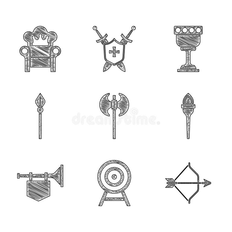 Set Medieval Axe, Target with Arrow, Bow and, Torch Flame, Trumpet Flag ...