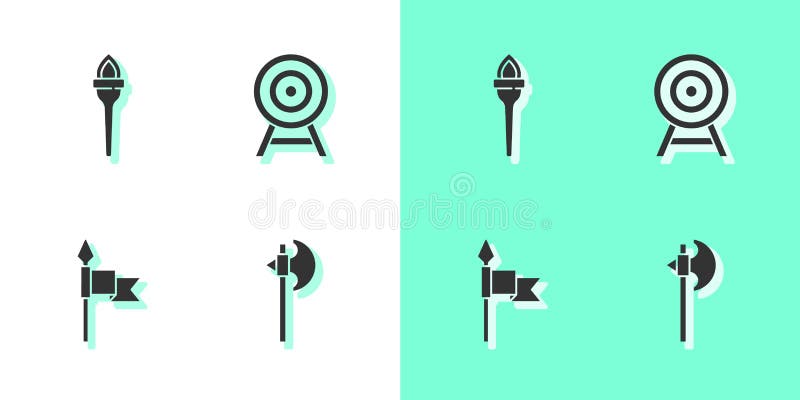 Set Medieval Axe, Torch Flame, Spear and Target with Arrow Icon. Vector ...