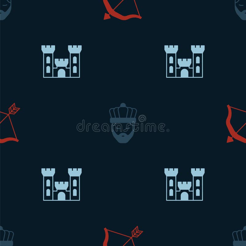 Set Medieval Bow and Arrow, King with Crown and Castle on Seamless ...