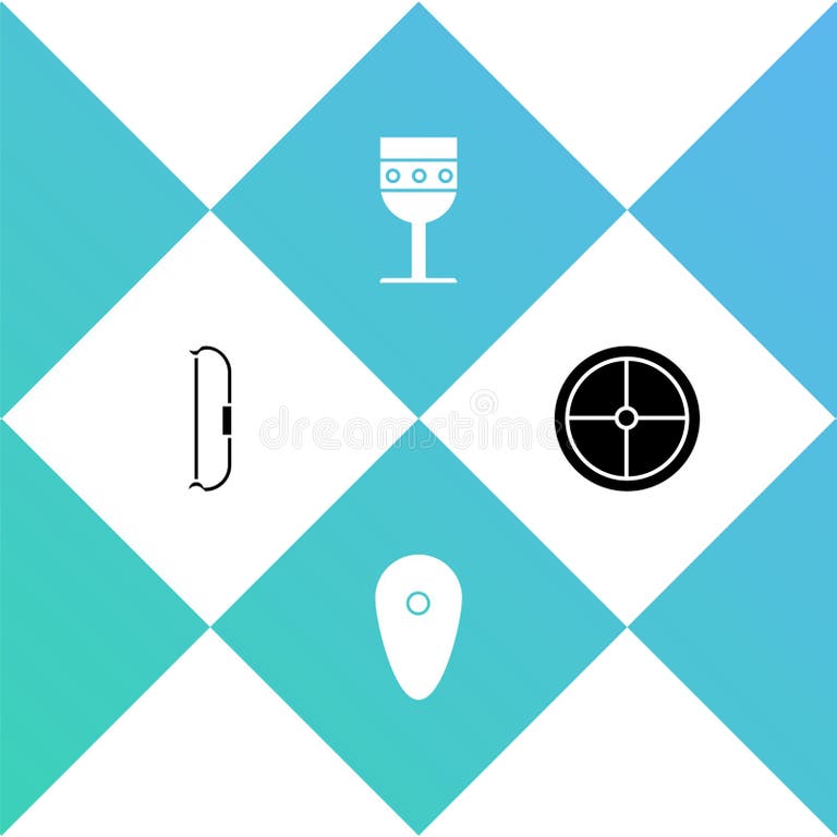 Set Medieval Bow, Shield, Goblet and Round Wooden Shield Icon. Vector ...