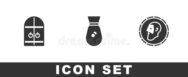 Set Medieval Castle Gate, Old Money Bag and Ancient Coin Icon. Vector ...