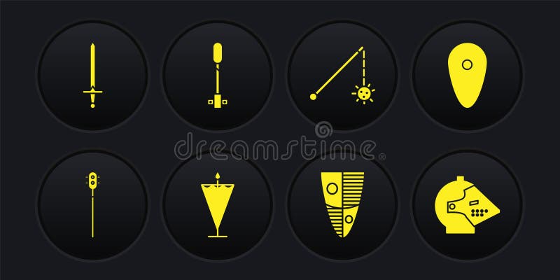 Set Medieval Chained Mace Ball, Shield, Flag, Torch Flame, Iron Helmet ...