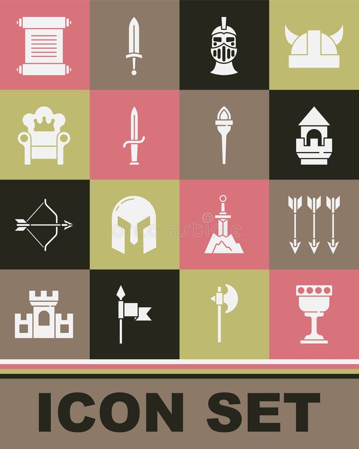 Set Medieval Goblet, Crossed Arrows, Castle Tower, Iron Helmet, Dagger ...