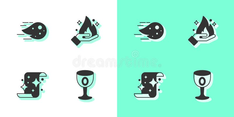 Set Medieval Goblet, Fireball, Magic Scroll and Hand Holding Fire Icon ...